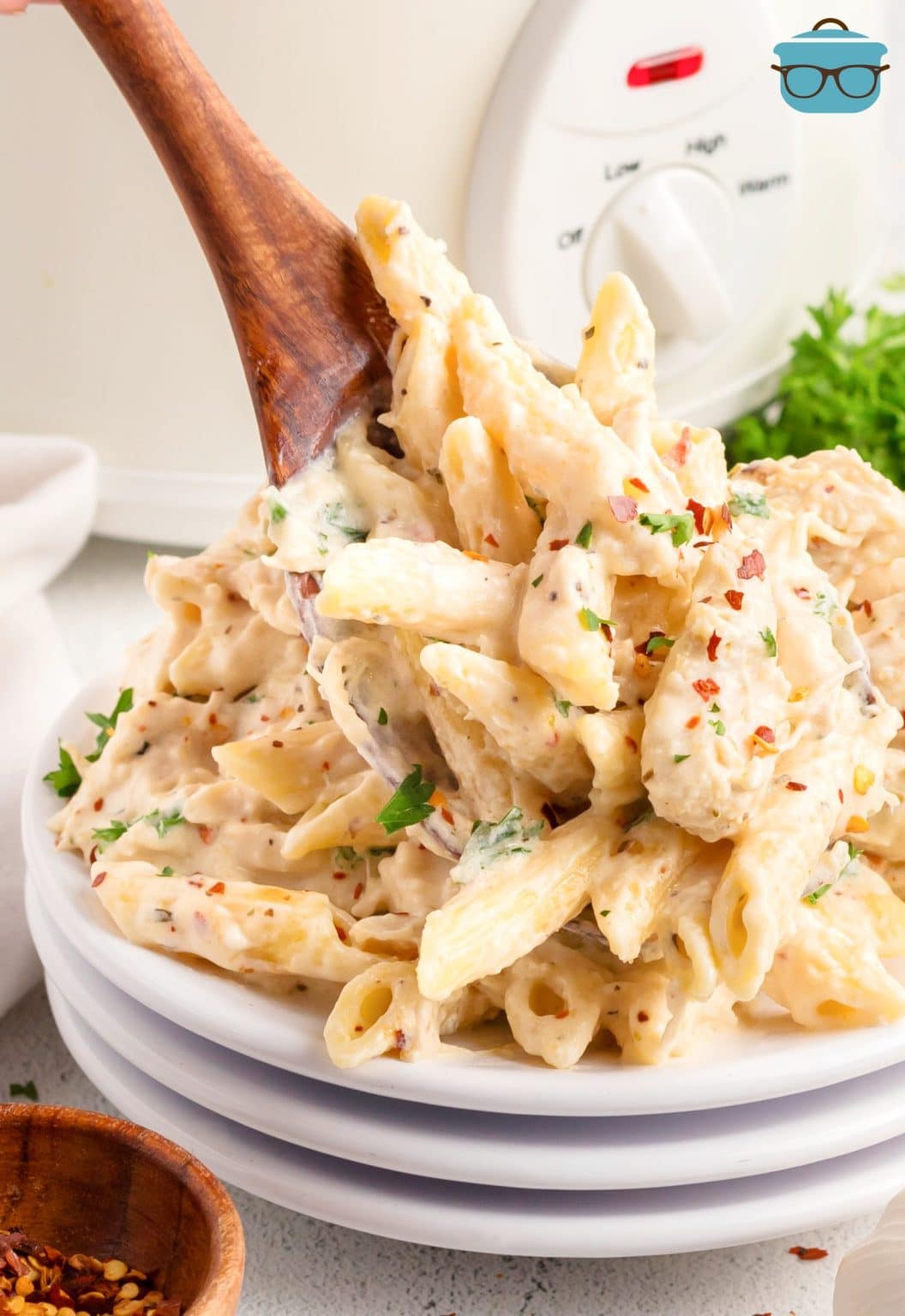 Crock Pot Garlic Parmesan Chicken Pasta - The Country Cook